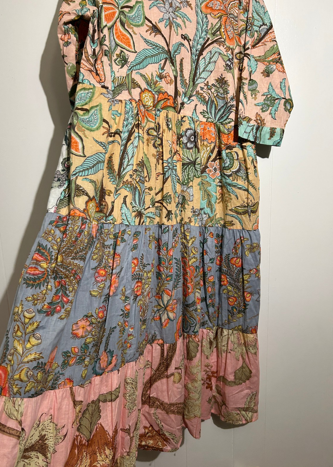 Nwt SACRED THREADS floral bohemian funky button cotton tier DRESS L ...