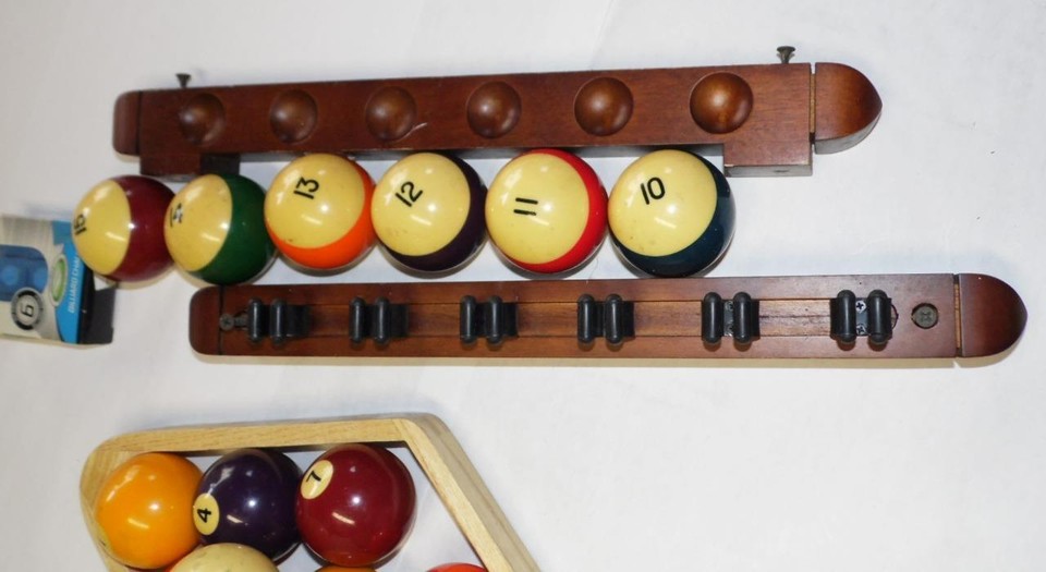 16 BILLIARD POOL BALL SET 9 BALL WOOD RACK, STICK WALL MOUNTS & CUE ...