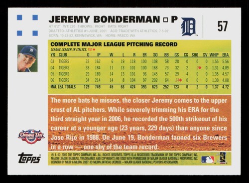 2007 Topps Opening Day - Jeremy Bonderman #57 for sale online | eBay