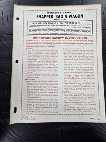 Snapper Bag N Wagon Comet Riding Lawn Mower Operator Parts Manual | eBay