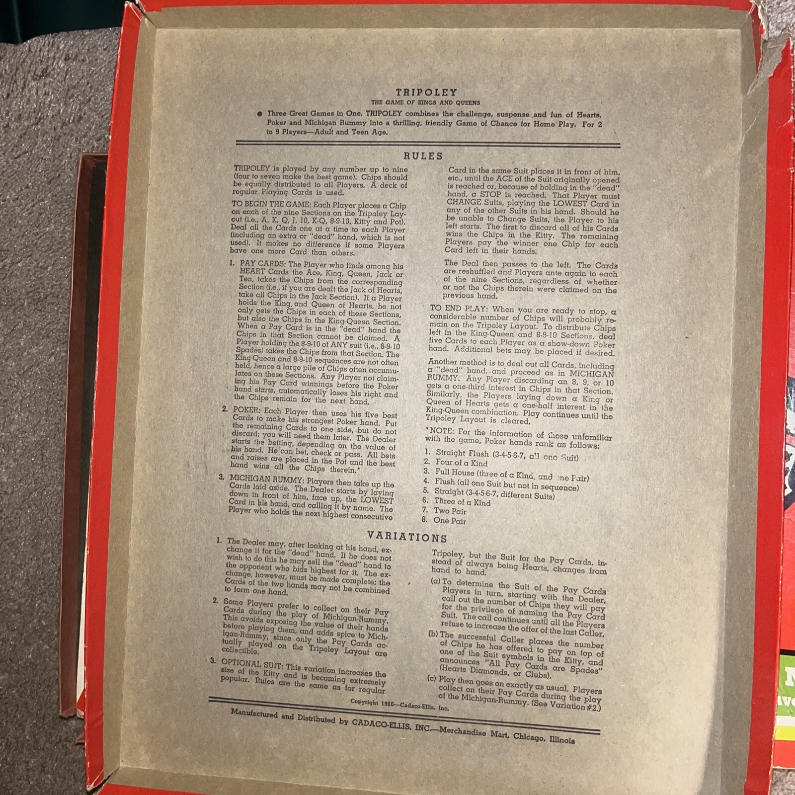 TRIPOLEY MICHIGAN RUMMY ROYAL GAME 2 MAT SHEET BOARD VINTAGE 1960 ...