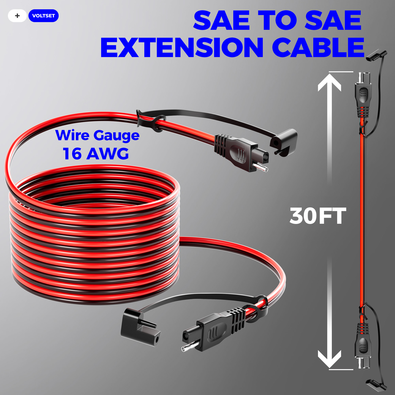 VOLTSET 30FT SAE to SAE Extension Cable 16AWG SAE Connector Wire ...