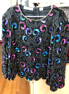 SCALA Stunning SILK SEQUIN Blouse Top Black Purple Blue & Raspberry ...