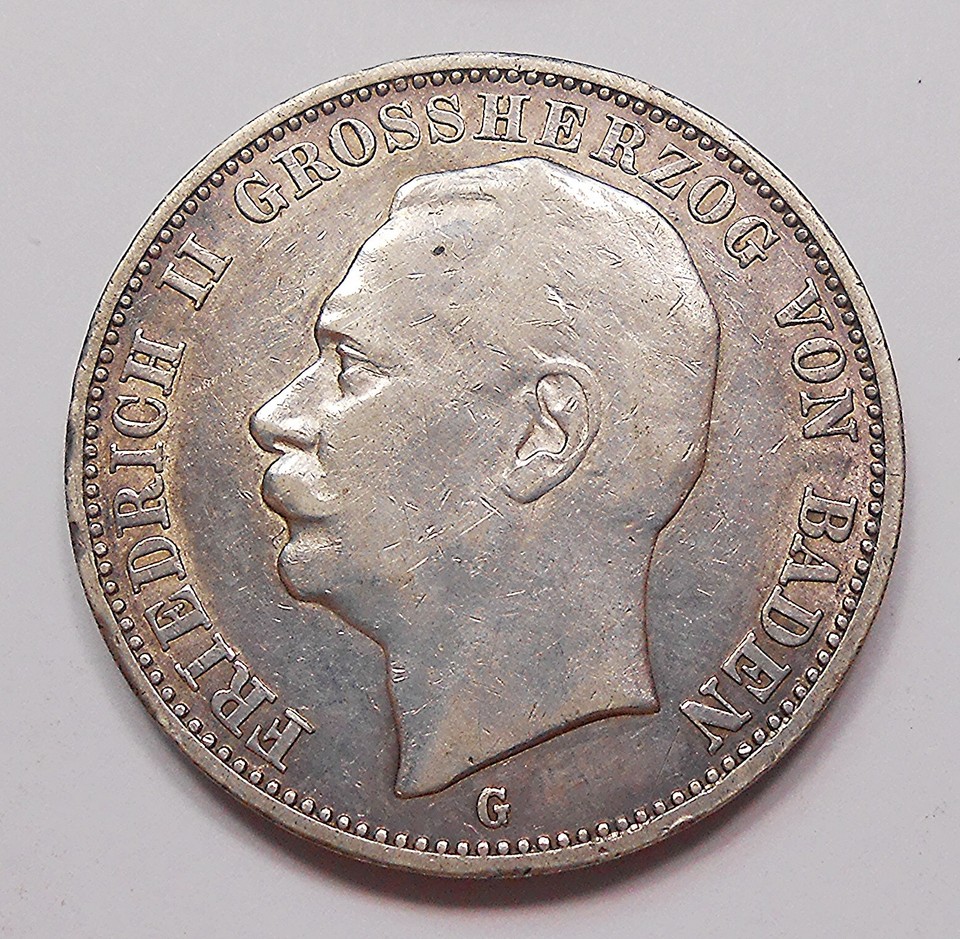 Germany 1912 G Baden SILVER 3 Mark CH VF-XF * Friedrich II BEAUTIFUL ...