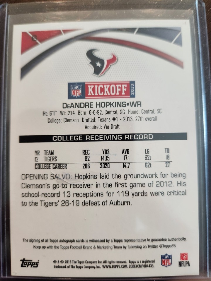 2013 Topps Kickoff - DeAndre Hopkins #6 Autographs /79 (AU, RC) | eBay