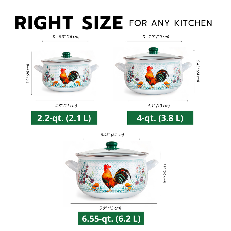 3 pc ROOSTER Enamel Stockpot Set (2qt 4qt 6.5qt Cooking Pots) Enameled ...