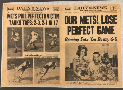 Jim Bunning Signed 3x NY Daily News Mets Lose Perfect Game June 22nd ...