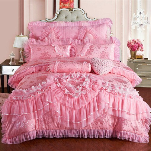 Pink Lace Princess Bedding Set King Queen Size Cotton Bed Duvet Cover ...