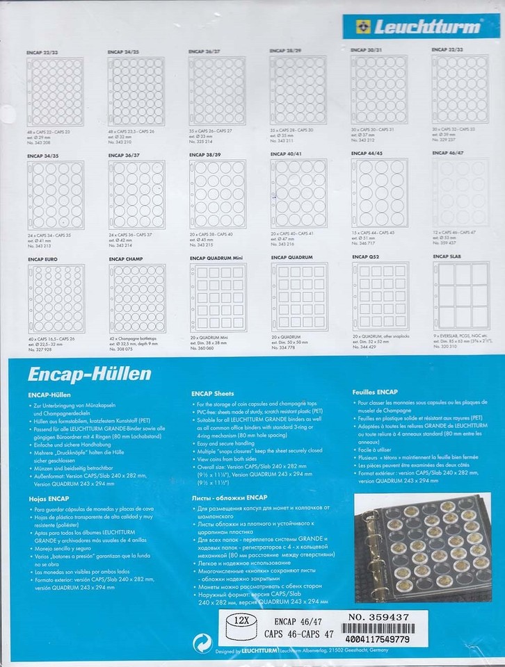 Lighthouse Grande Encap Pages For 46-47mm Coin Capsules 2 Plastic Album ...