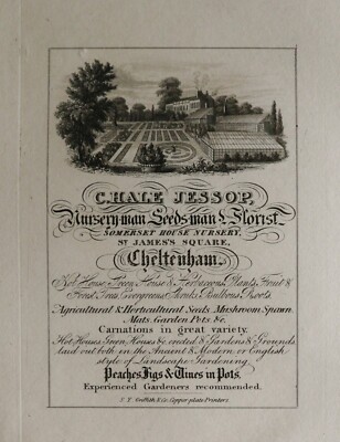 1826 ANTIQUE CHELTENHAM PRINT TRADE ADVERT C. HALE JESSOP NURSERMAN ...