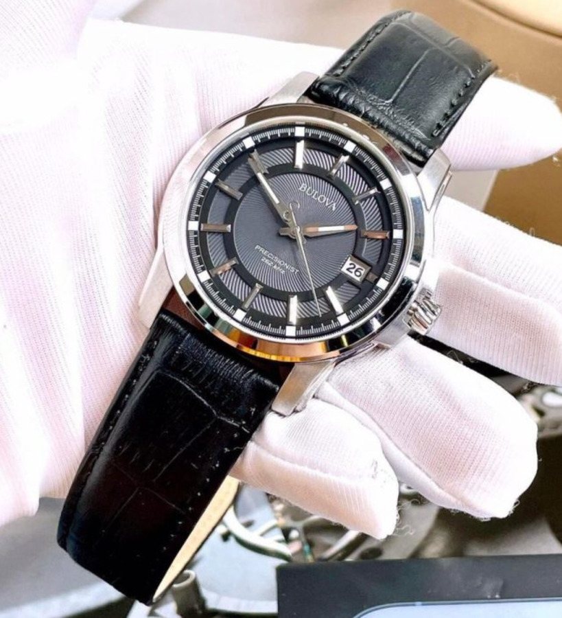 Bulova Gray Dial 96B158 Precisionist Silver Tone Black Leather Band Men ...