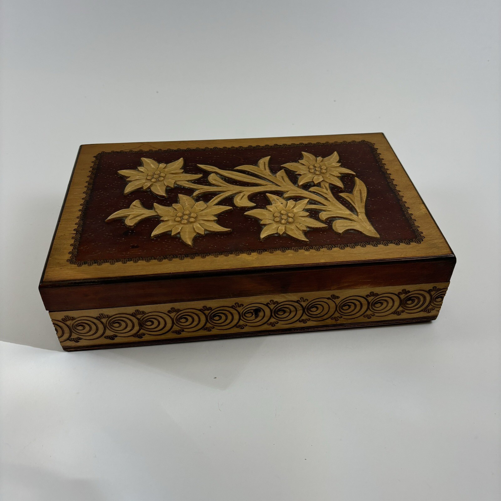 Vintage Hand Carved Wood Jewelry Box Trinket Cigars Flowers Woodburn ...