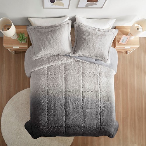 GREY OMBRE SOFT FAUX FUR COMFORTER SET : ULTRA PLUSH GRAY SHAGGY BEAR ...