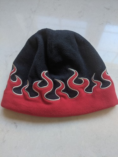 LL Bean Kids L Red Navy Fire Flame Pattern Fleece Winter Beanie Cap Hat ...