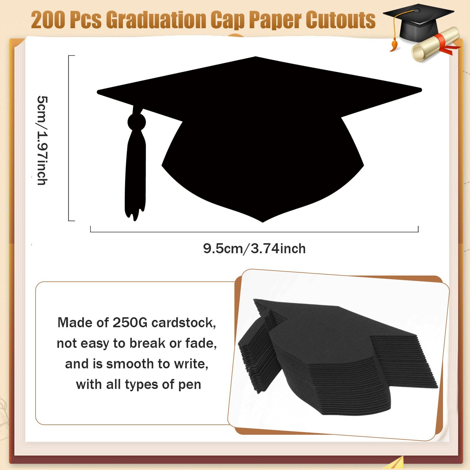200 Pcs Grad Caps Cutouts 3.74" Paper Graduation Cap Shapes Die Cut ...