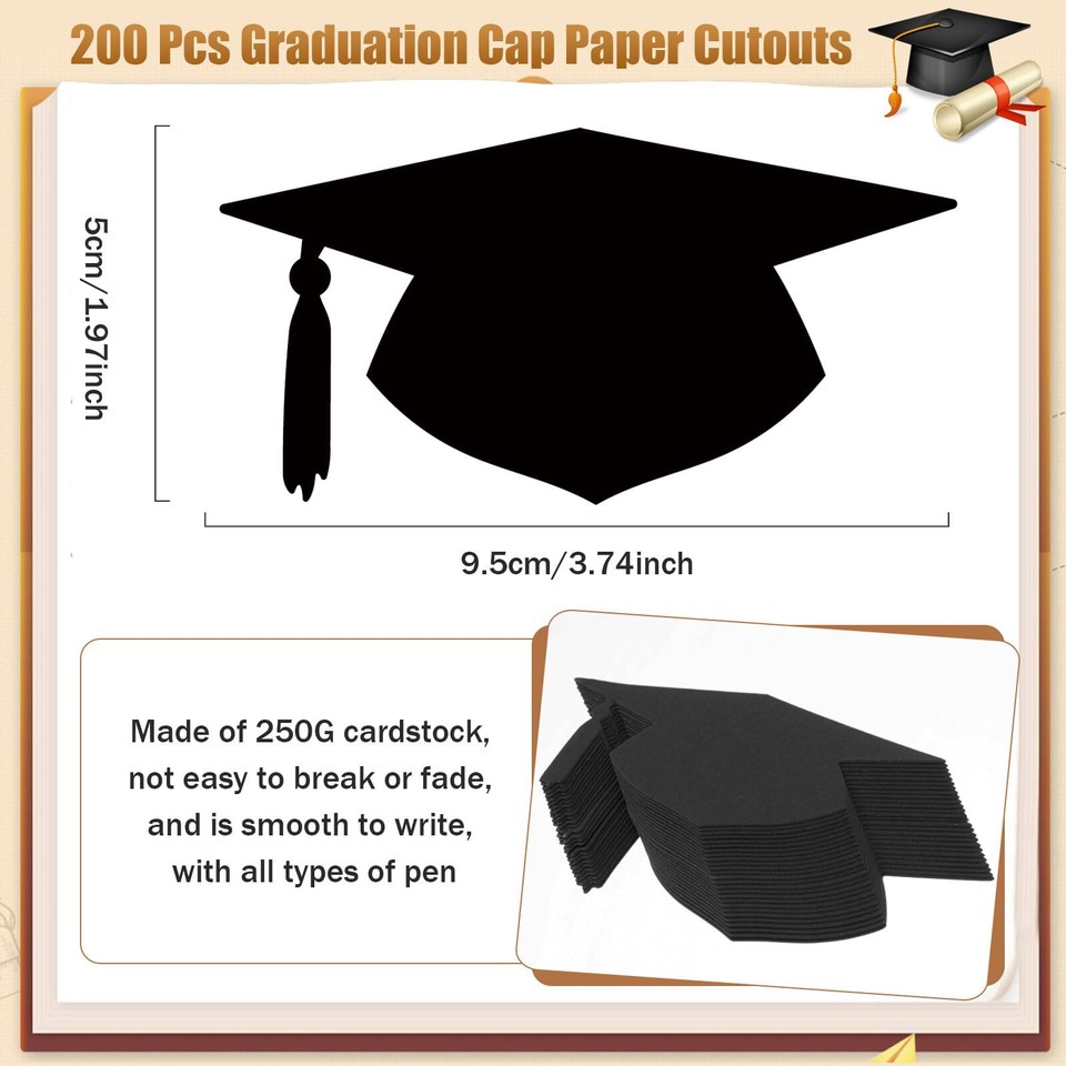 200 Pcs Grad Caps Cutouts 3.74" Paper Graduation Cap Shapes Die Cut ...
