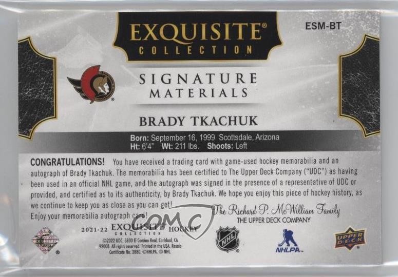 2021 Ice Exquisite Collection Material Signatures /35 Brady Tkachuk # ...