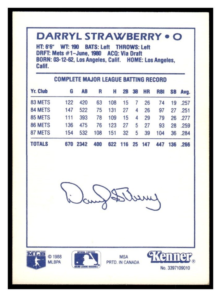 1988 Kenner Starting Lineup card Darryl Strawberry New York Mets ...