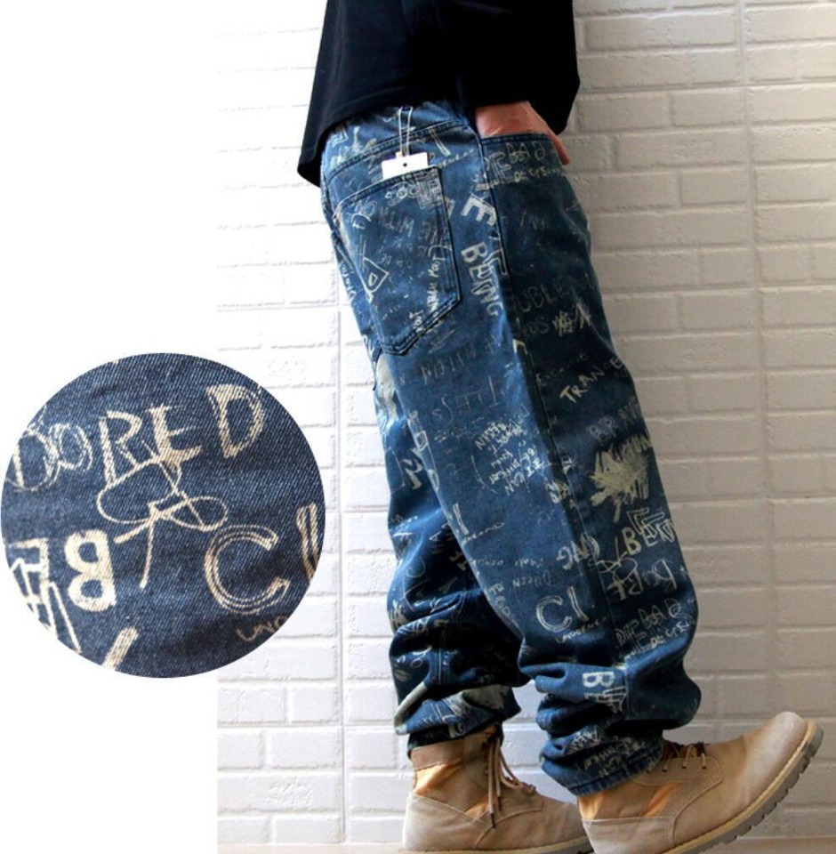 Men Blue Black Denim Letter Printed Straight Loose Fit Punk Jeans Pants ...