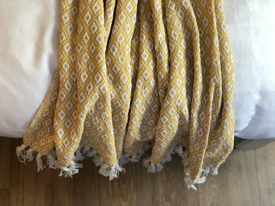 Luxury 100% Cotton Ochre Mustard Yellow Abstract Check Bed Sofa Blanket ...