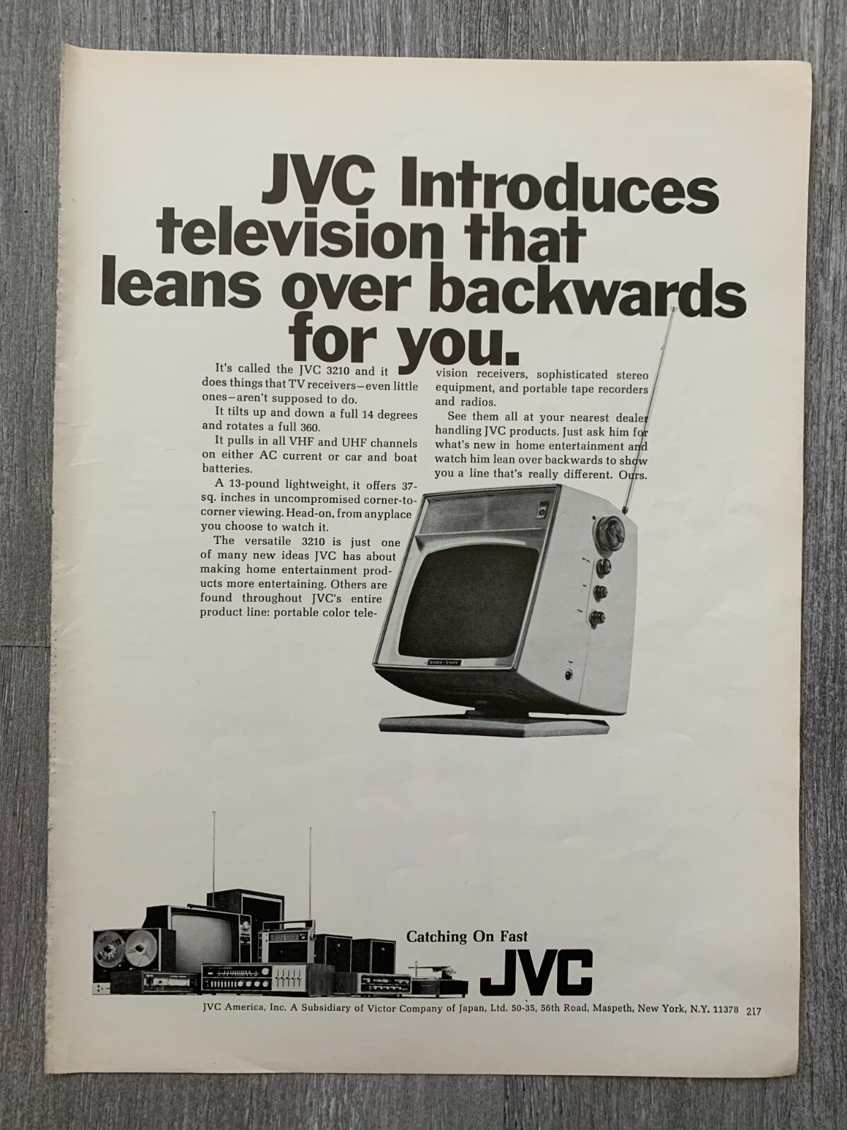 1969 JVC ELECTRONICS 8.5x11" Print Ad VG+ 4.5 Television that Leans ...
