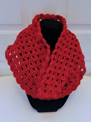 New 34" Cowl Infinity Scarf Bright Red Open Lace Scalloped Edge ...