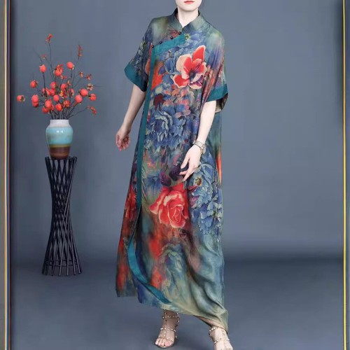 Large Size Retro Printed Silk Dress with Long Standing Neck Chinese ...