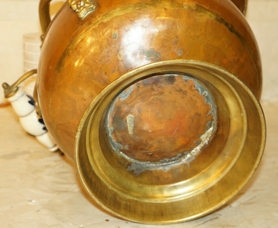 COPPER DUTCH HELMET COAL ASH SCUTLLE BUCKET DELFT BLUE HANDLE BRASS ...