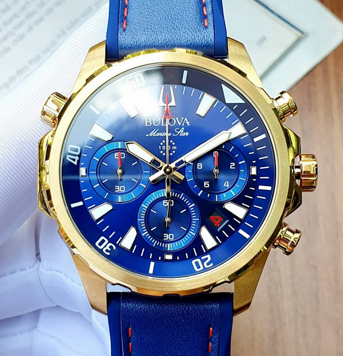 Bulova Marine Star Blue Dial 97B168 Gold Tone Silicone Strap Men's ...