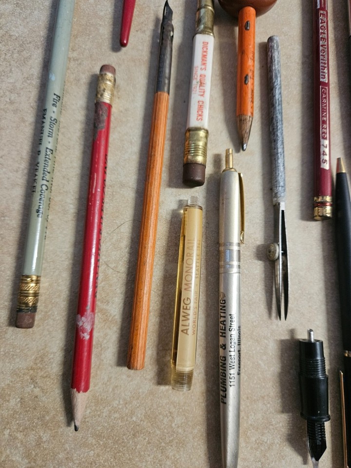 Nice lot of 27 Pens Pencils pieces Nibs parts Insurance farming sports ...
