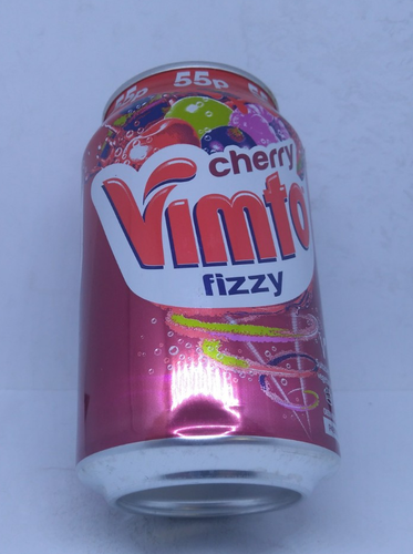 Empty Cherry Vimto Fizzy soda can; 330 ml / 11.2 fl oz; TOP opened (UK ...