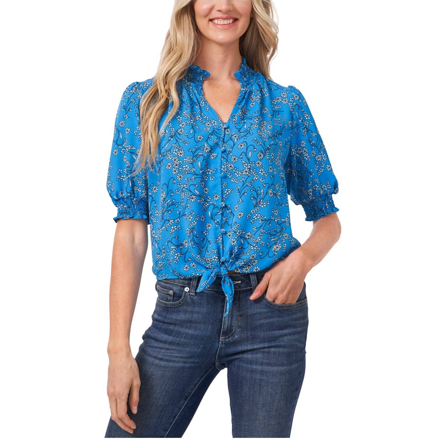 Cece Woman's Sunset Blossom Button Down Tie Front Top… - Gem