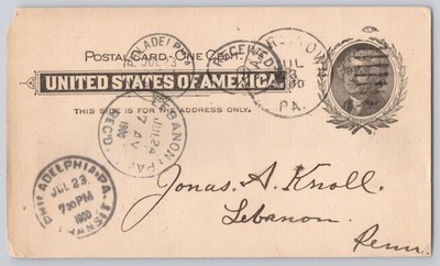 Lebanon, PA Jefferson 1c Postal Card, Phila. Cancels, Undivided Back ...