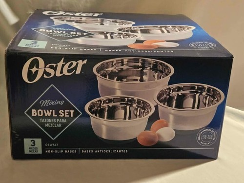 NEW Oster 3 Stainless Steel Mixing Bowl Set with Non-Slip Bases in Box ...