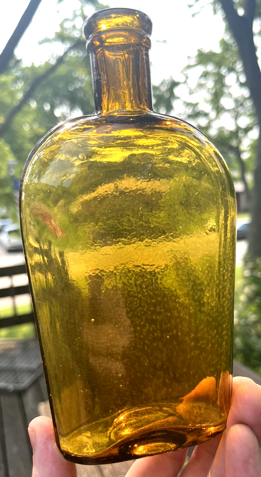 NICE YELLOW AMBER COLORED STRAP SIDE WHISKEY FLASK PINT 1880'S ERA ...