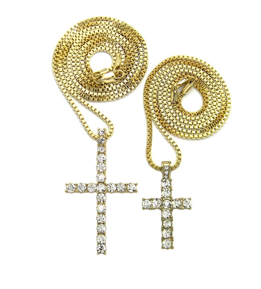 NEW CROSS DOUBLE PENDANT & BOX CHAINS HIP HOP NECKLACE SET - RC2523 | eBay