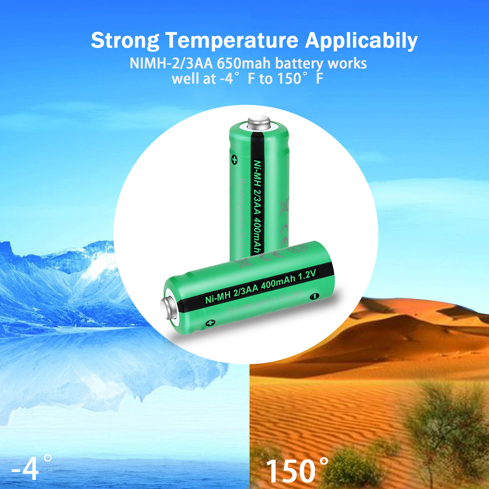 2/3AAA Size Battery Button Top 1.2v NiMH 400mAh Rechargeable Batteries ...