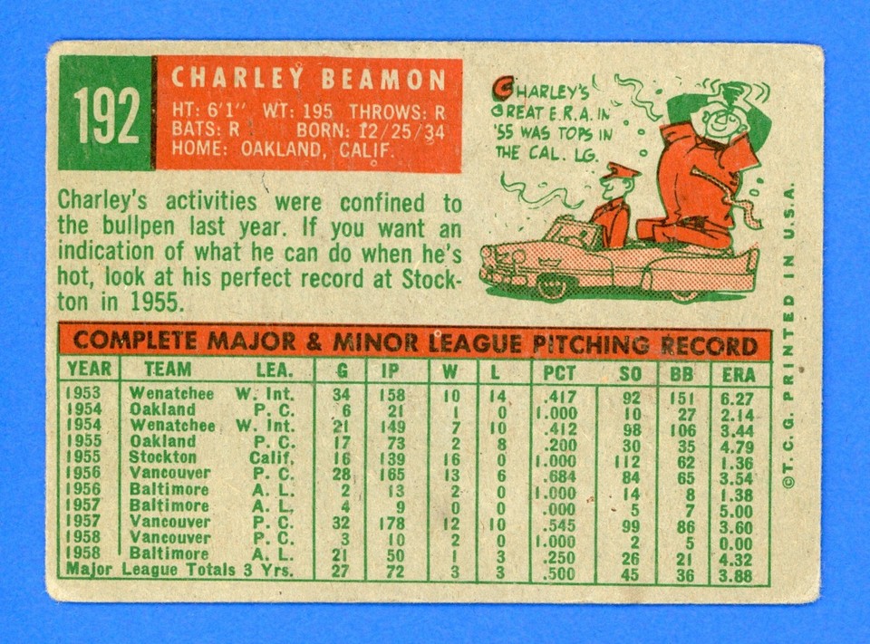 1959 Topps #192 Charlie Beamon RC Rookie *Good* Baltimore Orioles | eBay