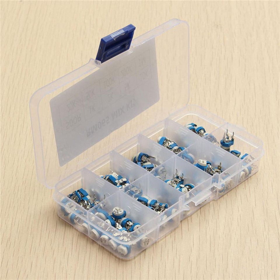 100pcs 10 Value Potentiometer Trimpot Variable Resistor Assortment Box ...