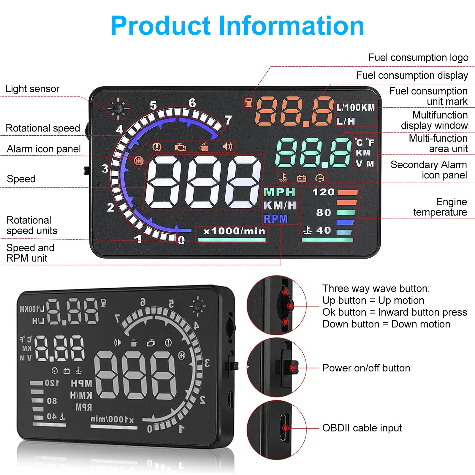 OBD II Car HUD Head Up Display 5.5'' Dash Screen Digital Speedometer ...