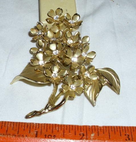 DOGWOOD TREE FLOWER RHINESTONE BROOCH COAT PIN GOLD COSTUME | eBay