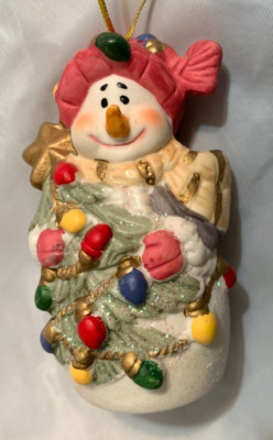 Multi 3.5" Snowman with Red Hat & String of Lights Figurine Ornament | eBay