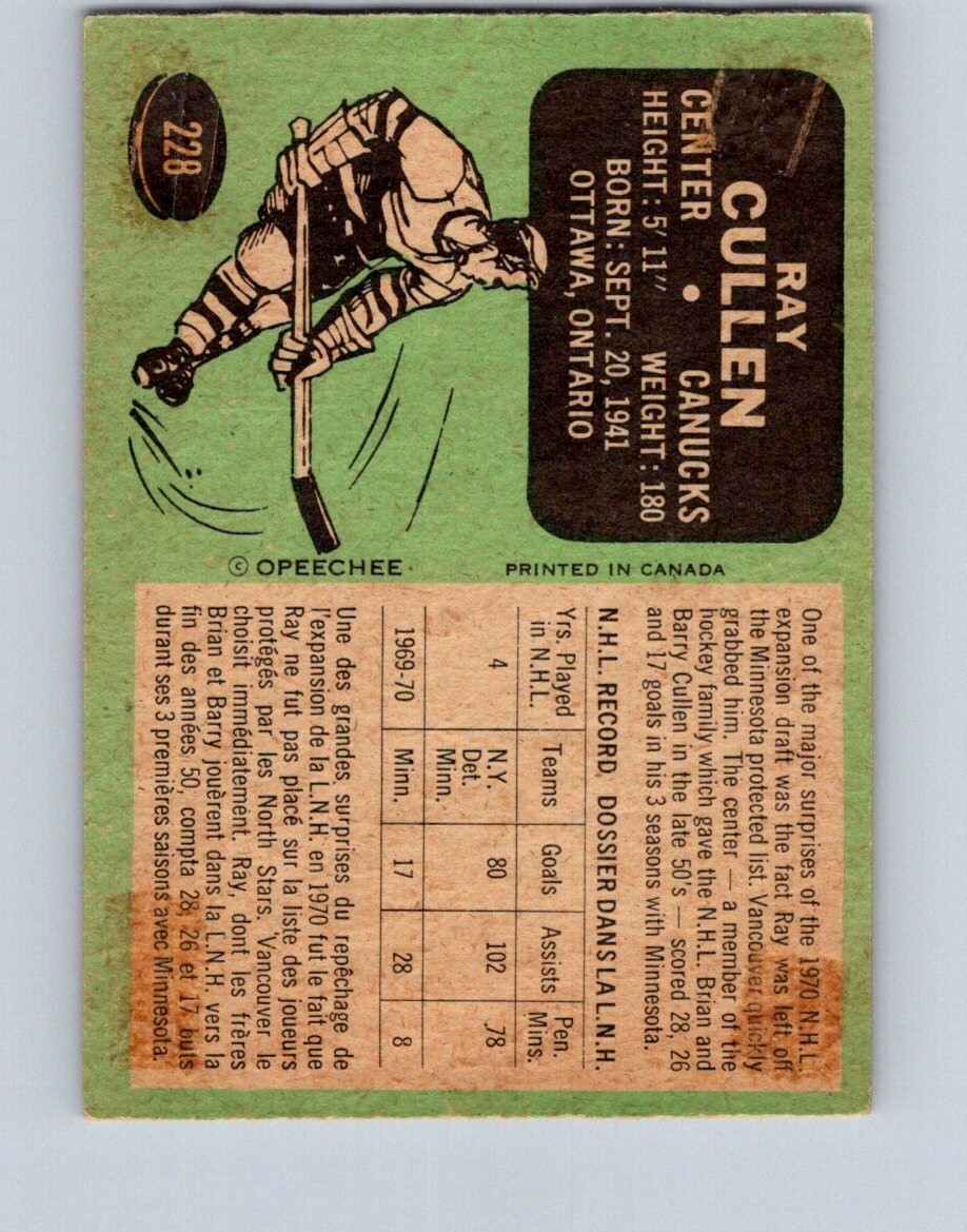 VINTAGE NHL HOCKEY CARD OPC 1970 RAY CULLEN VANCOUVER CANUCKS NO448 ...
