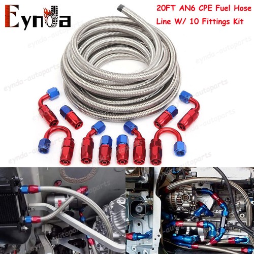 20FT AN6 -6AN AN-6 3/8 Fitting Stainless Steel Braided Oil Fuel Hose ...