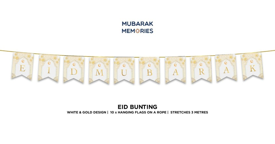 Happy Eid Mubarak Bunting Party Flags -White & Gold- Letter Decoration ...