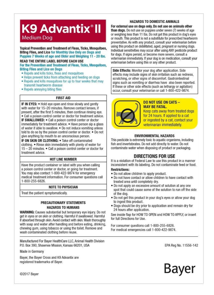 BAYER K9 ADVANTIX II MEDIUM DOGS 11-20lbs FLEA & TICK TREATMENT 2 DOSES ...