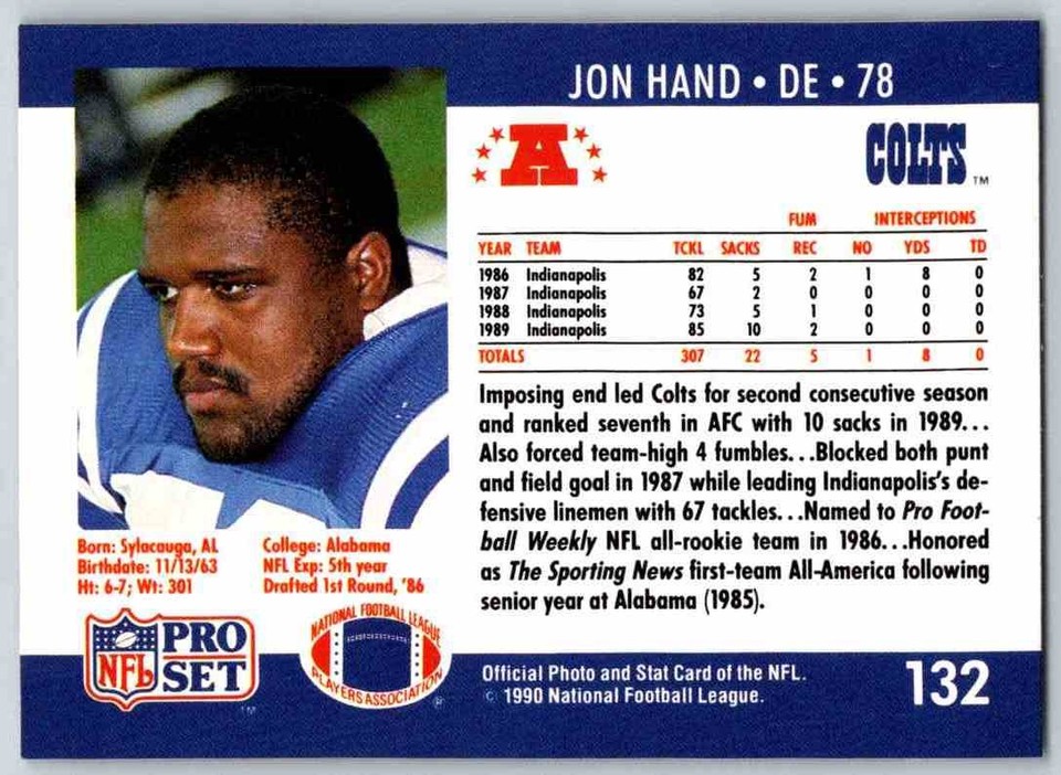1990 Pro Set Jon Hand #132 Indianapolis Colts Football Card | eBay