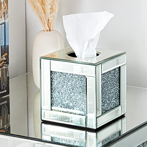 Mirrored Tissue Box Cover Holder Square Glass Facial Tissue Holder With ...