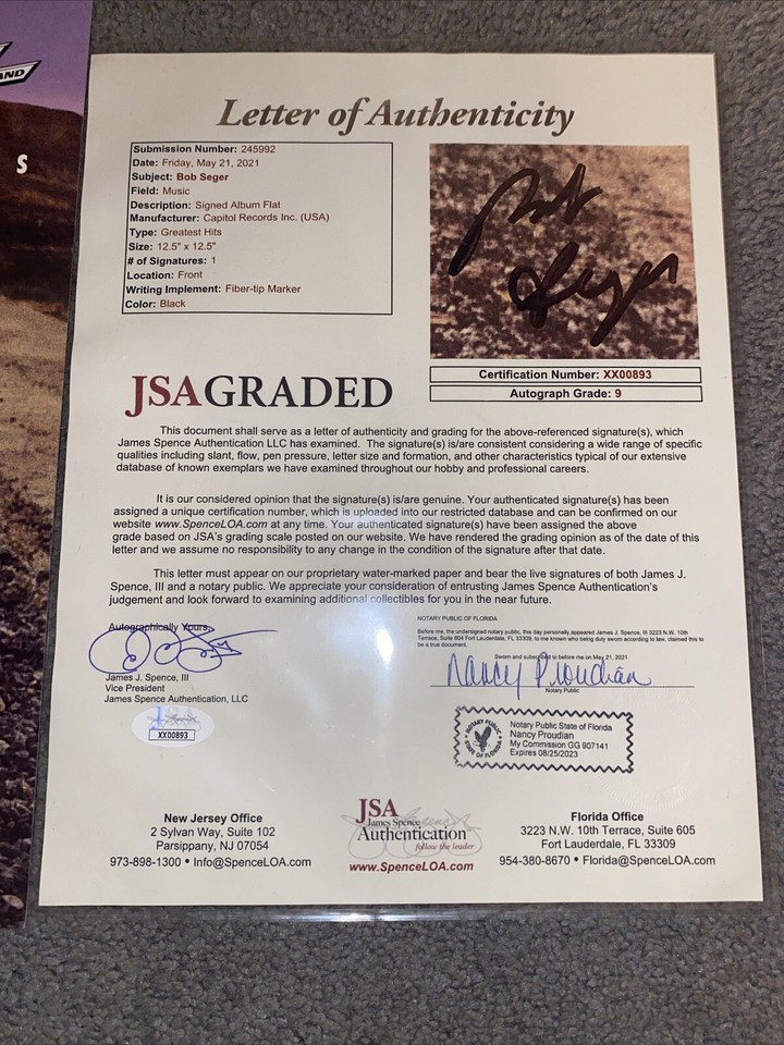 Bob Seger Autograph Signed Flat 12x12 JSA LOA Letter COA VERY RARE ...