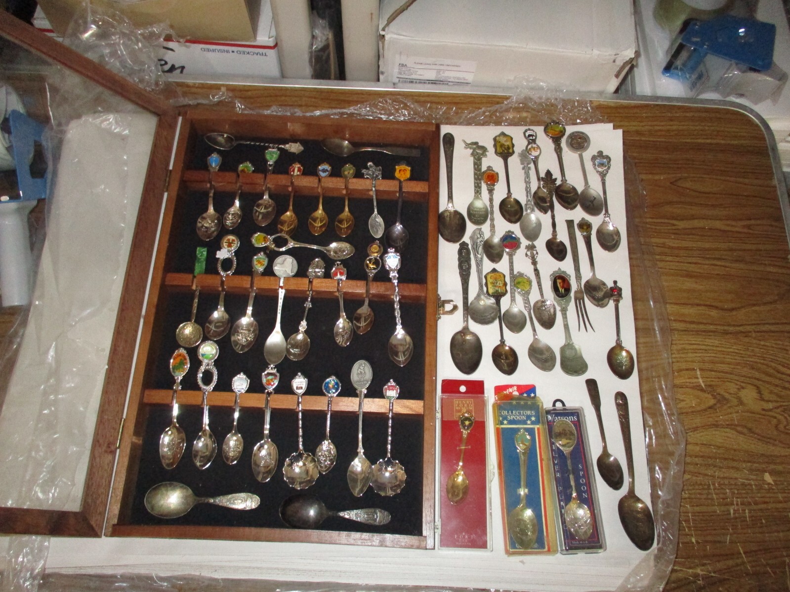 LOT OF 54 DECORATIVE SPOONS & 1 STERLING SLIVER FORK + DISPLAY CASE | eBay